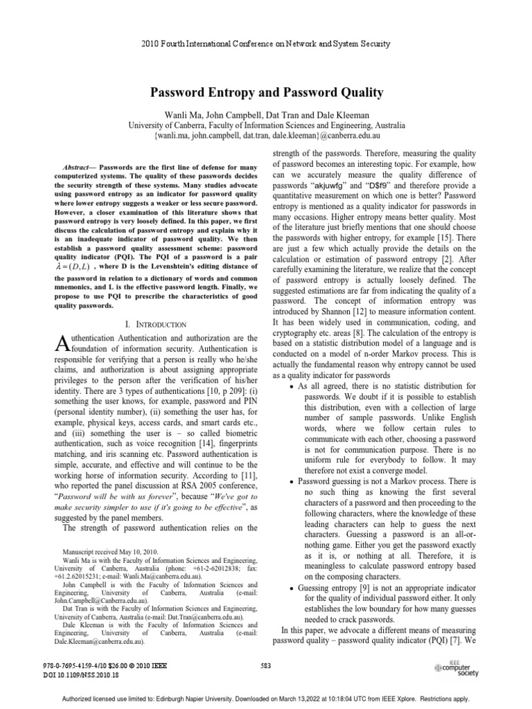 Password Entropy and Password Quality | PDF | Password | Authentication