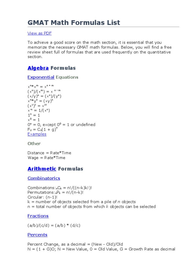 GMAT Math Formulas List | PDF | Computers