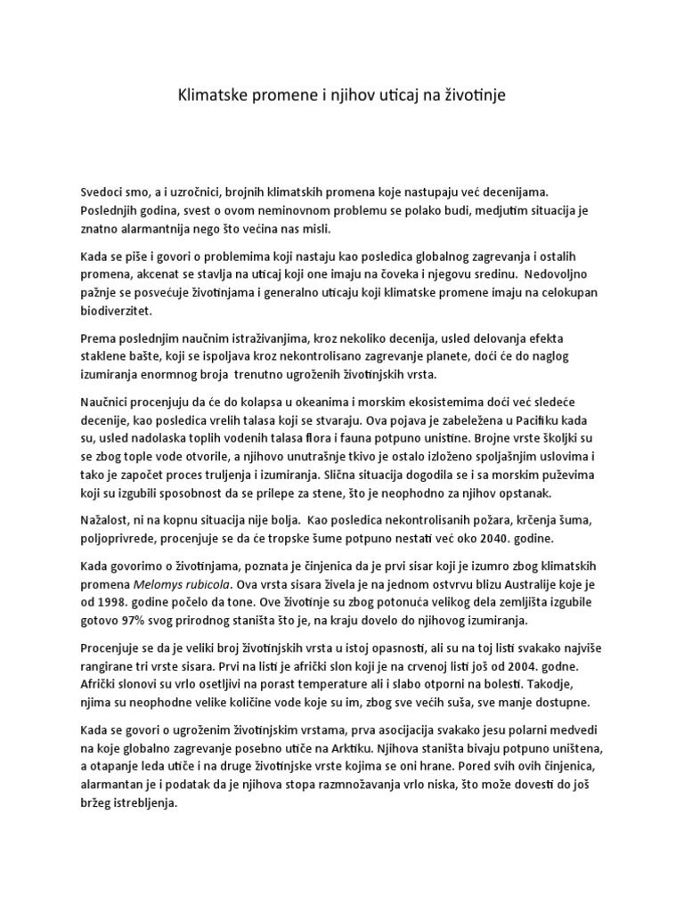 Klimatske Promene I Njihov Uticaj Na Životinje | PDF