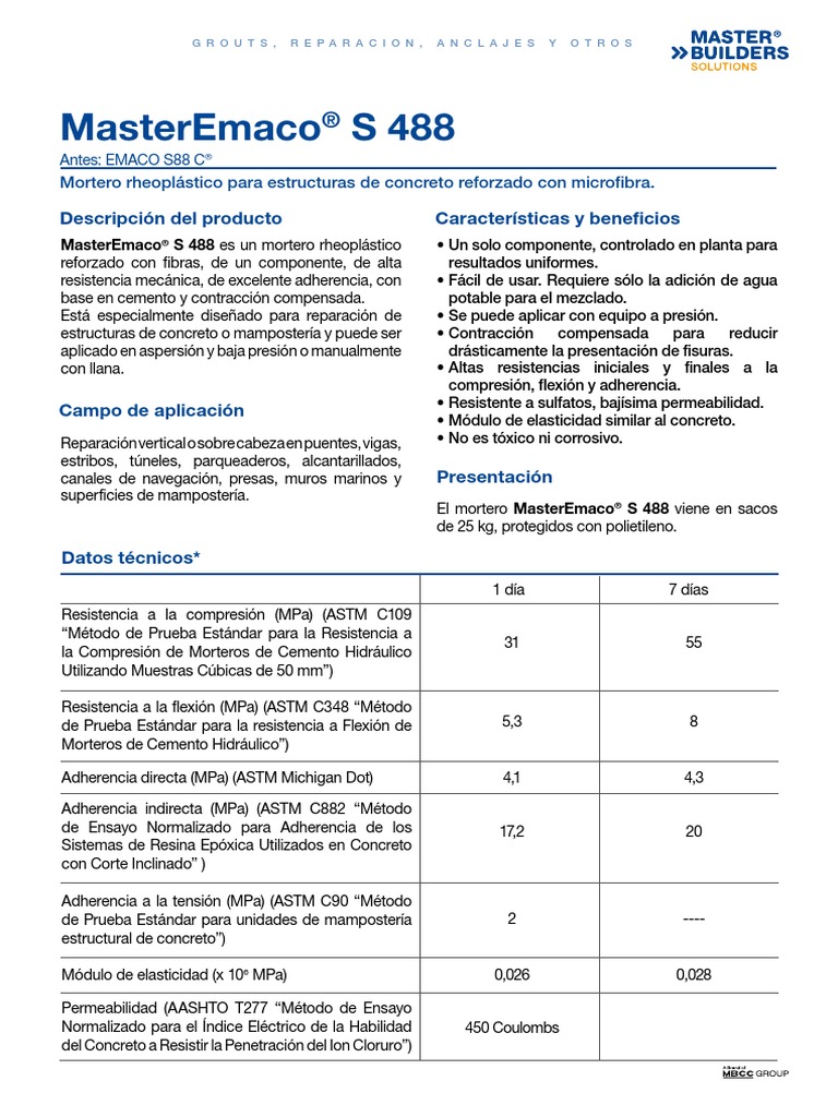 Masteremaco S 488 Ficha Técnica | PDF | Hormigón | Cemento