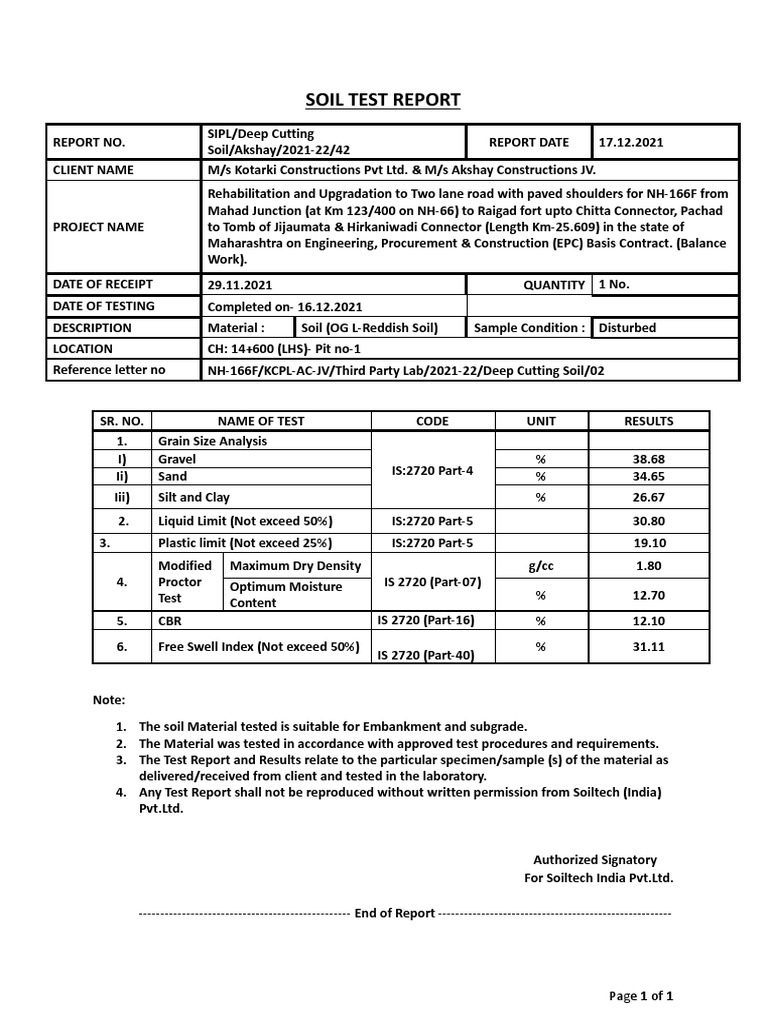 Soil Test Report for NH-166F Road Project | PDF | Materials | Sedimentology