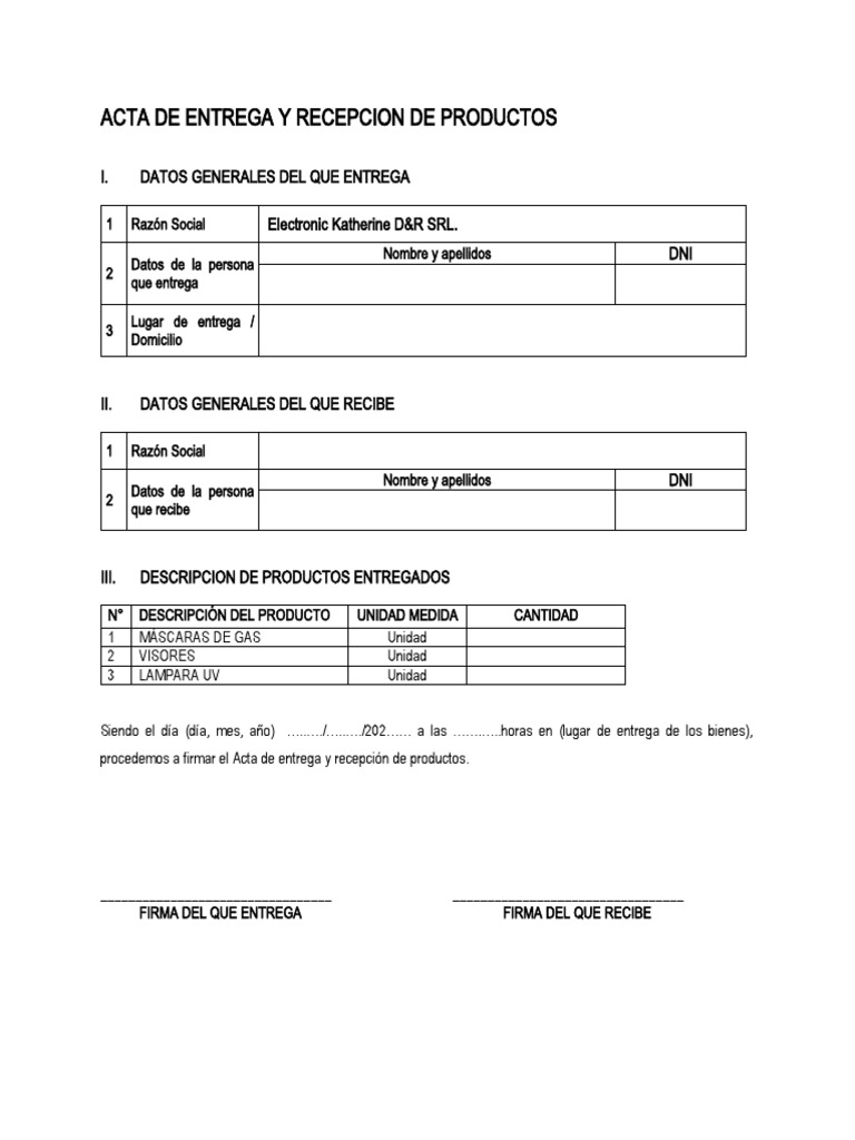 Acta de Entrega y Recepcion de Productos | PDF