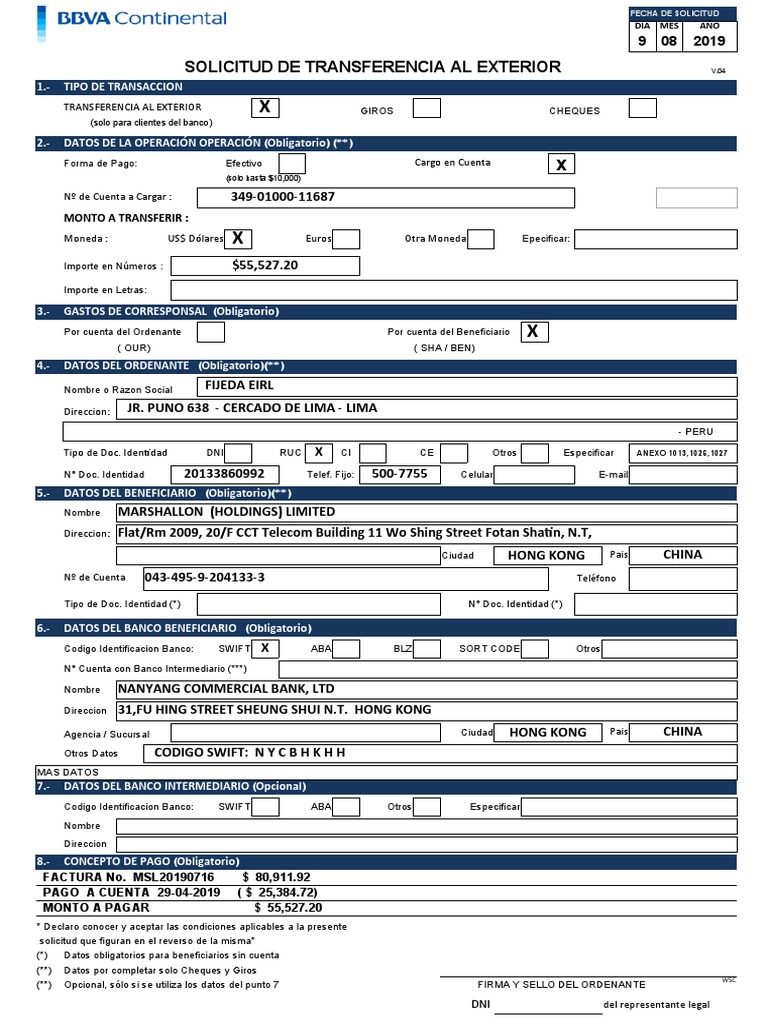 Transferencia Al Exterior Formato | PDF | Bancos | Dólar de los Estados ...