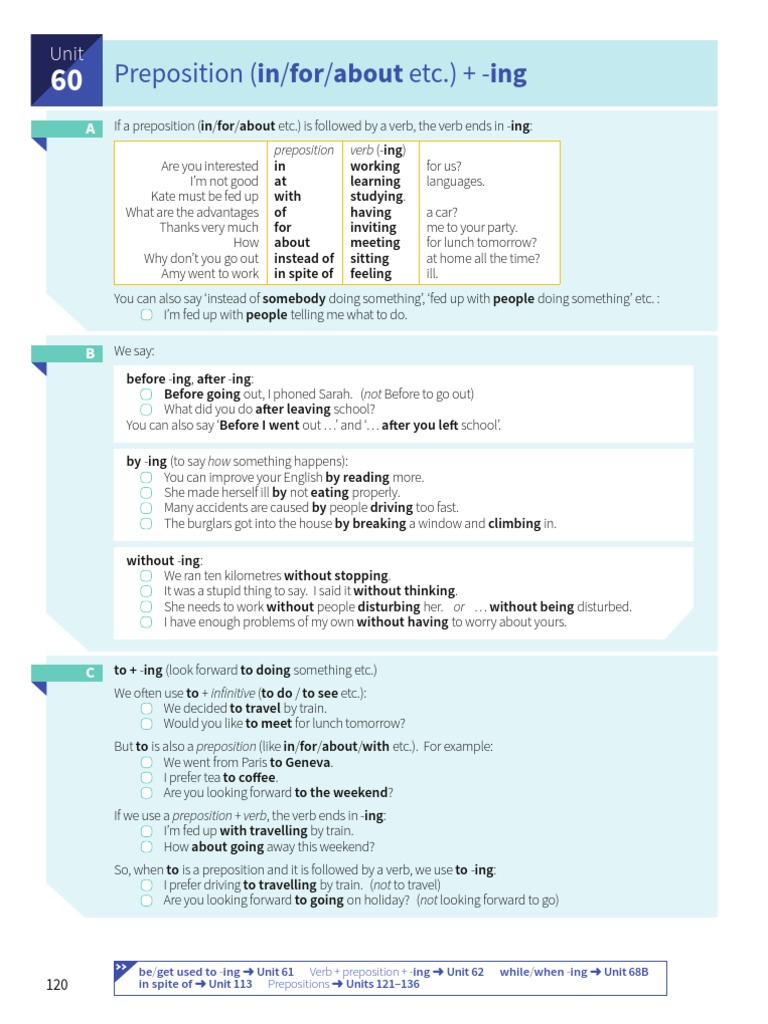Unit 60 Preposition in For About Ing | PDF | Verb | Preposition And ...