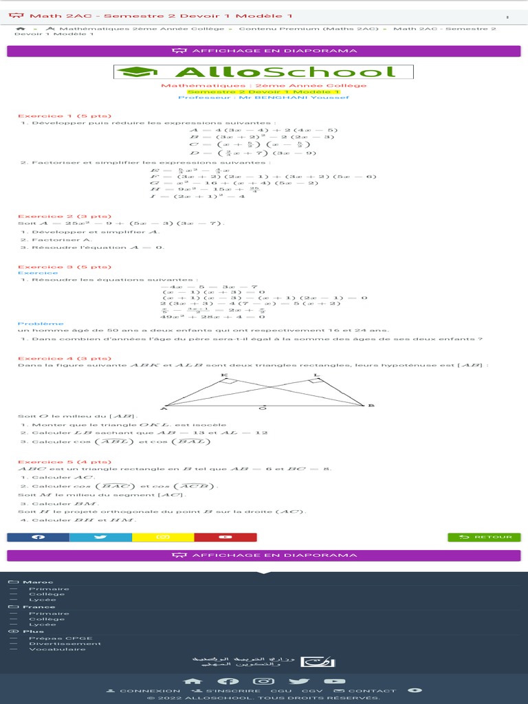 Math 2AC - Semestre 2 Devoir 1 Modèle 1 - AlloSchool | PDF | Mathématiques élémentaires | Triangle