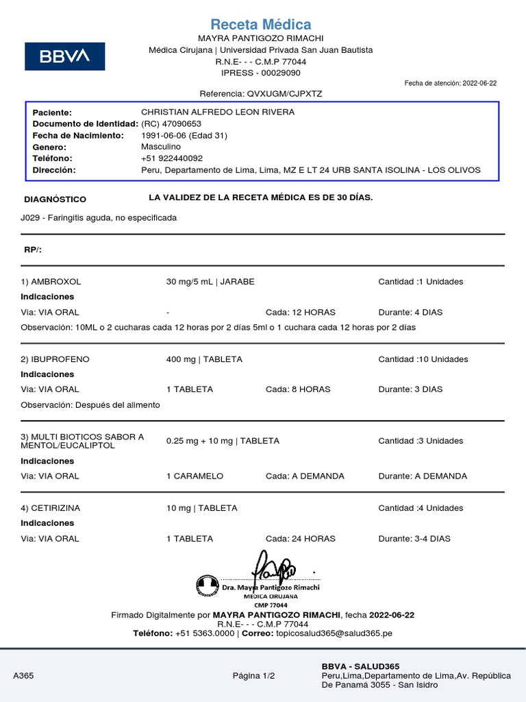 Receta Médica: Fecha de Atención: 2022-06-22 | PDF | Tratamientos médicos | Drogas
