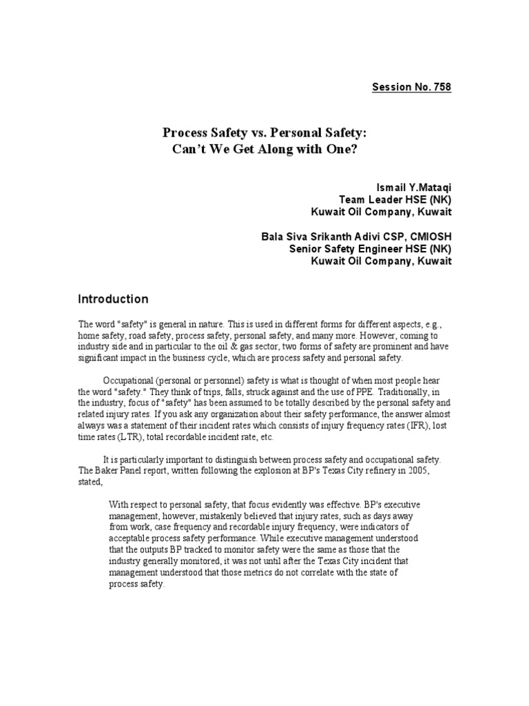 Process Safety vs. Personal Safety: Can't We Get Along With One? | PDF ...