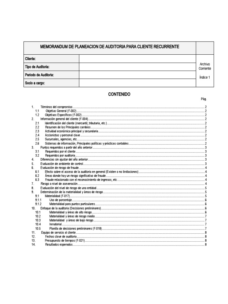 Memorandum de Planeación - Cliente Recurrente | PDF | Auditoría ... Memorandum de Planeación - Cliente Recurrente | PDF | Auditoría ...