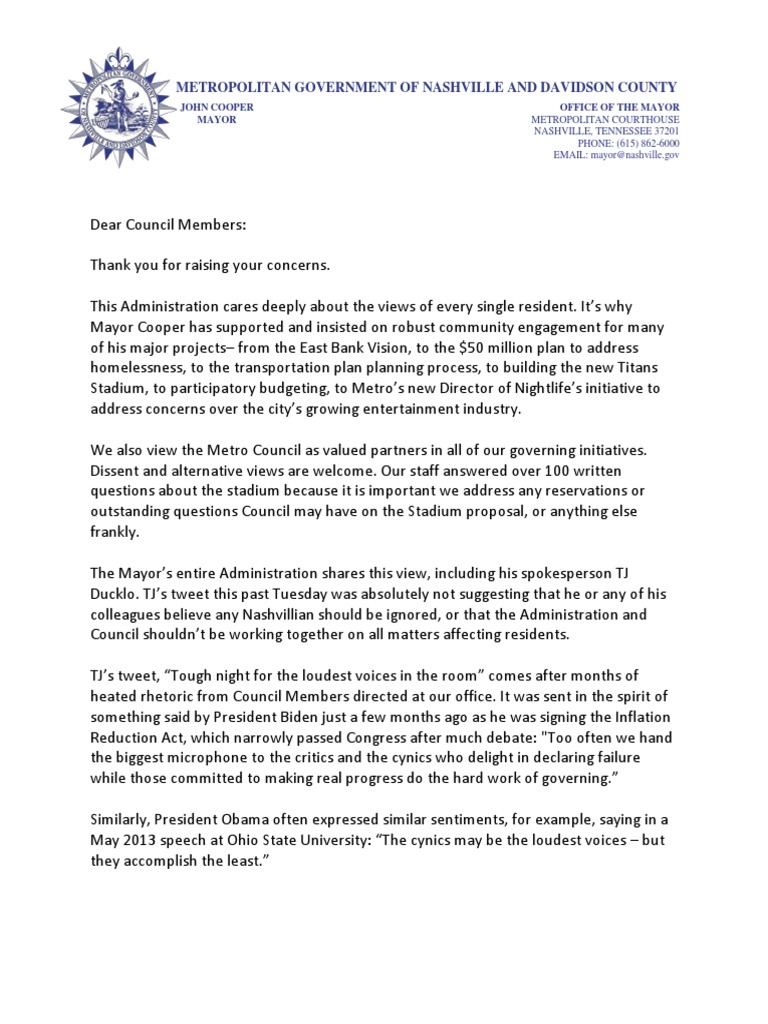 Letter To Council Members | PDF | Nashville