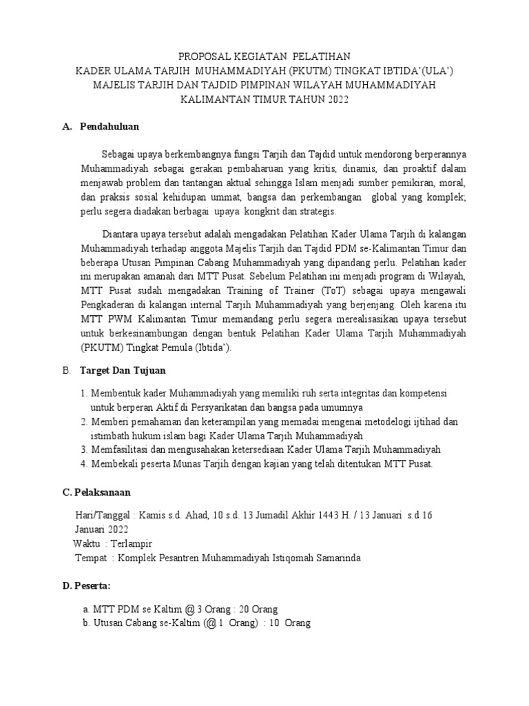 Proposal Kegiatan Pelatihan Kader Tarjih 2021 | PDF | Perjalanan ...