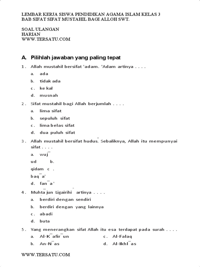 Lima Sifat Mustahil Allah SWT Kelas 3 | PDF