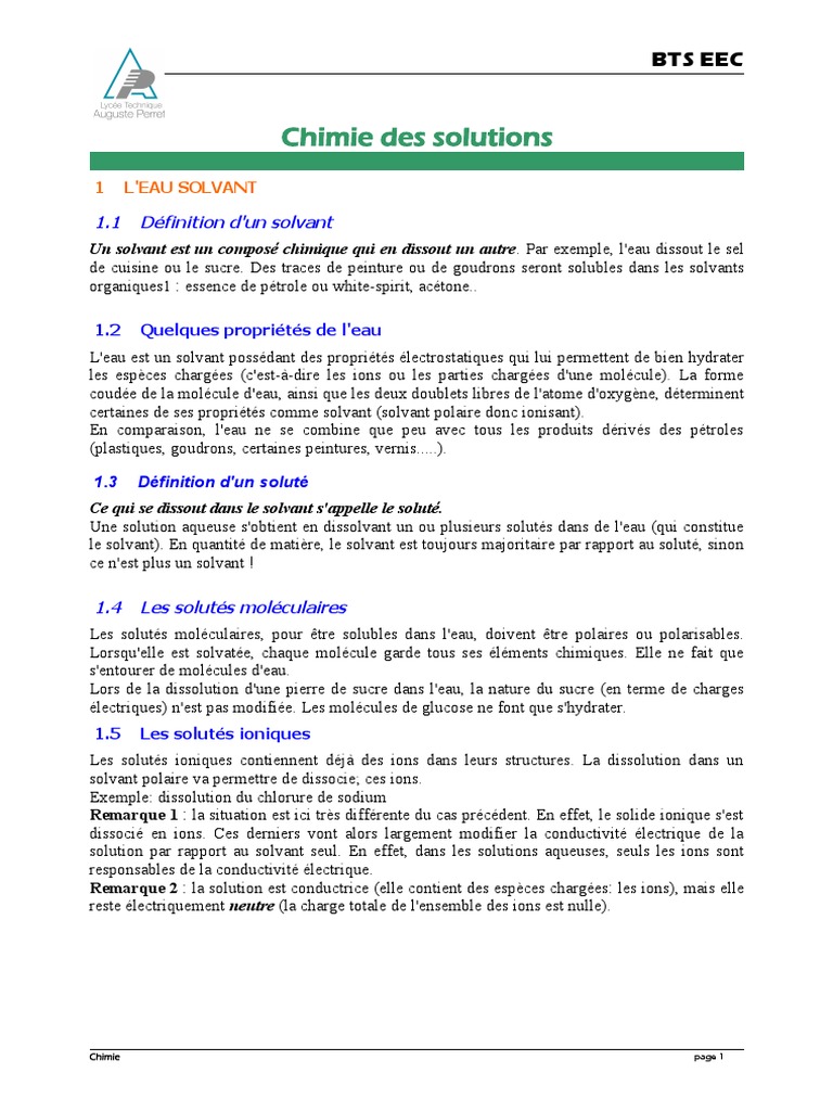 Chimie Des Solutions: Bts Eec | PDF | Ion | Solvant