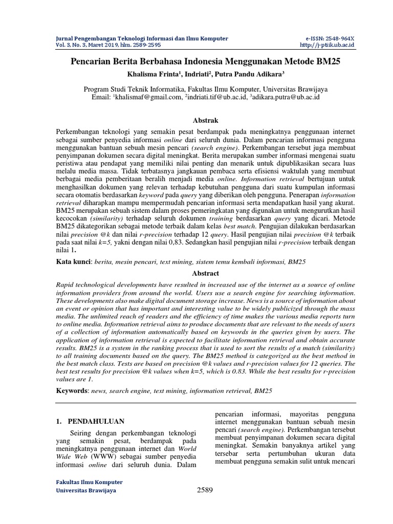 Pencarian Berita Berbahasa Indonesia Menggunakan Metode BM25 | PDF