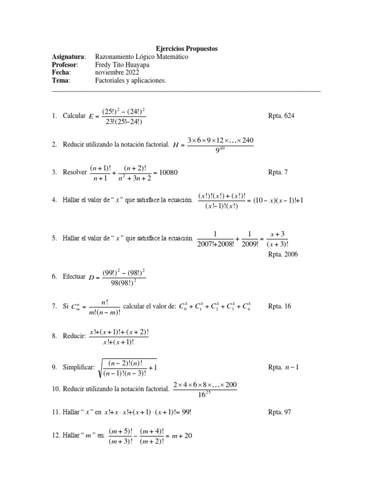Ejercicios de Factoriales y Aplicaciones | PDF | Matemáticas