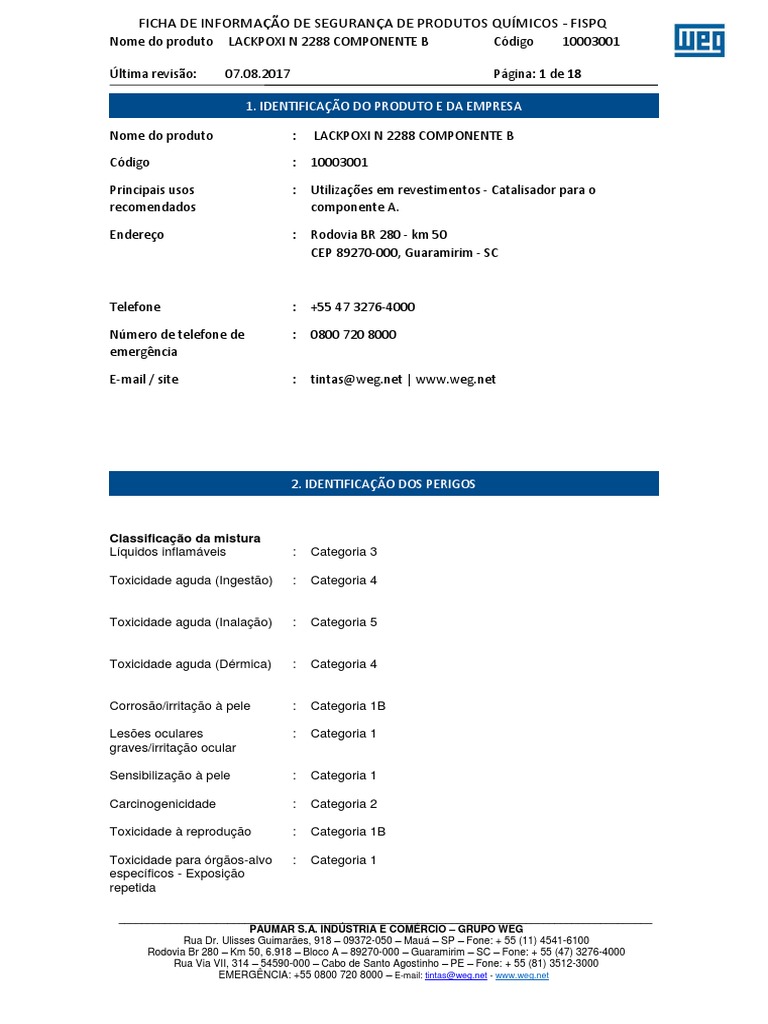 FISPQ - Componente B - Tinta N2288 - WEG | PDF | Combustão | Embalagem ...