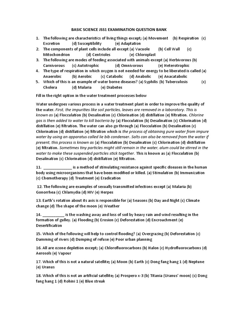 Basic Science JSS1 Examination Question Bank | PDF | Force | Water
