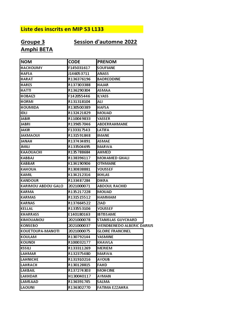 MIP S3 L133 Student List | PDF