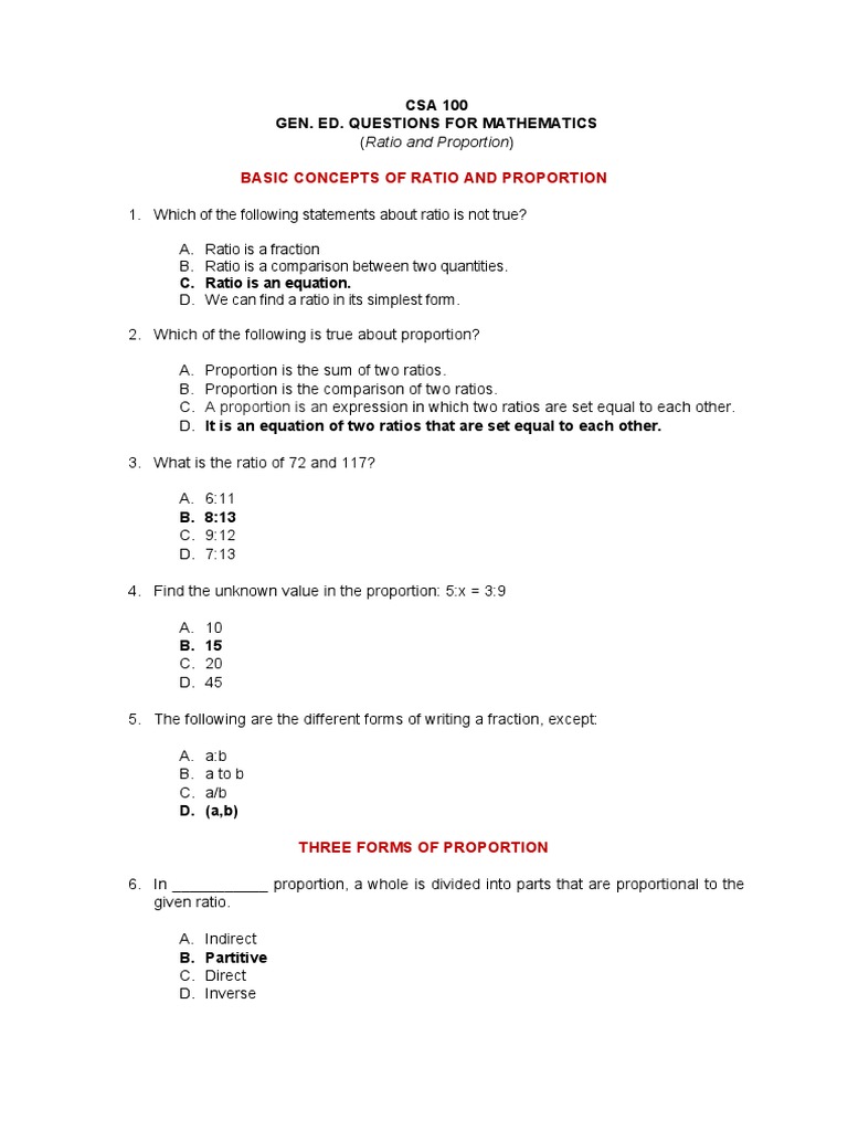 Csa 100 Gen. Ed. Maths (Ratio and Proportion) | PDF | Ratio | Mathematics