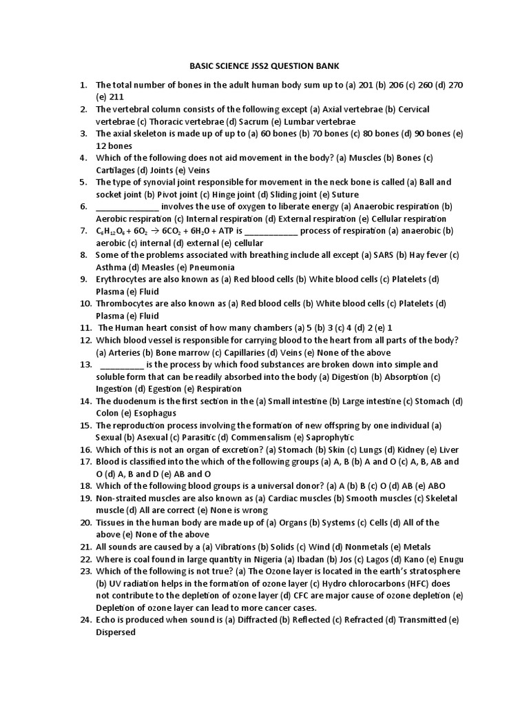 Basic Science JSS2 Question Bank | PDF | Vertebral Column | Blood