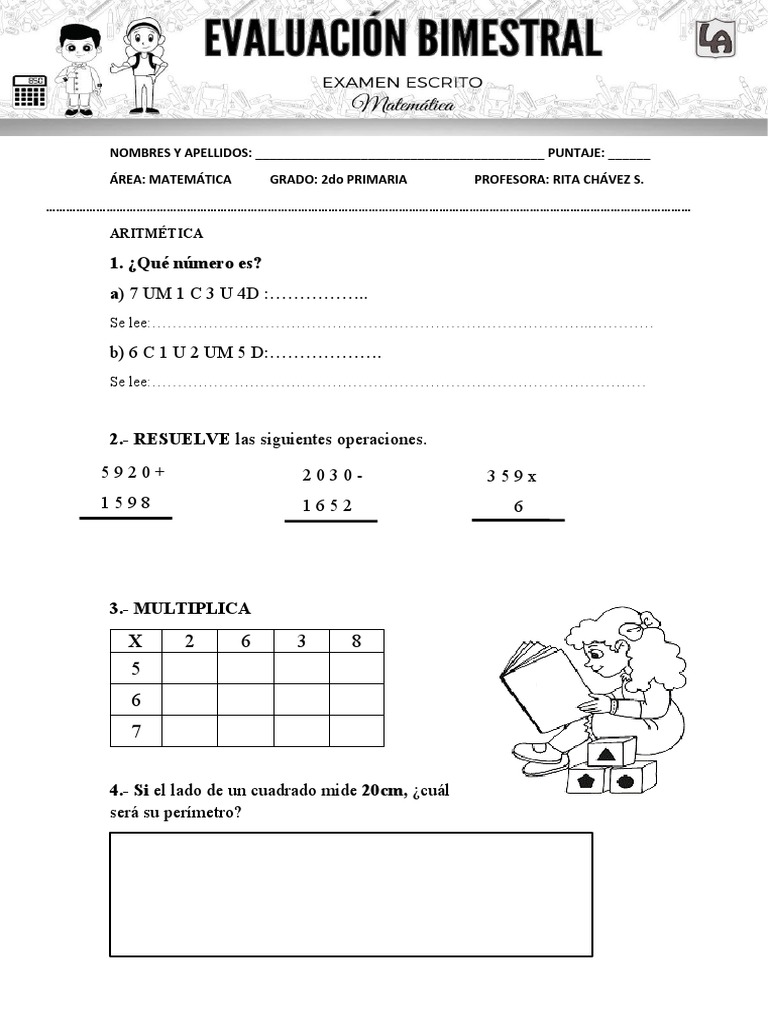 Matemática - Examen Bimestral - Primaria | PDF