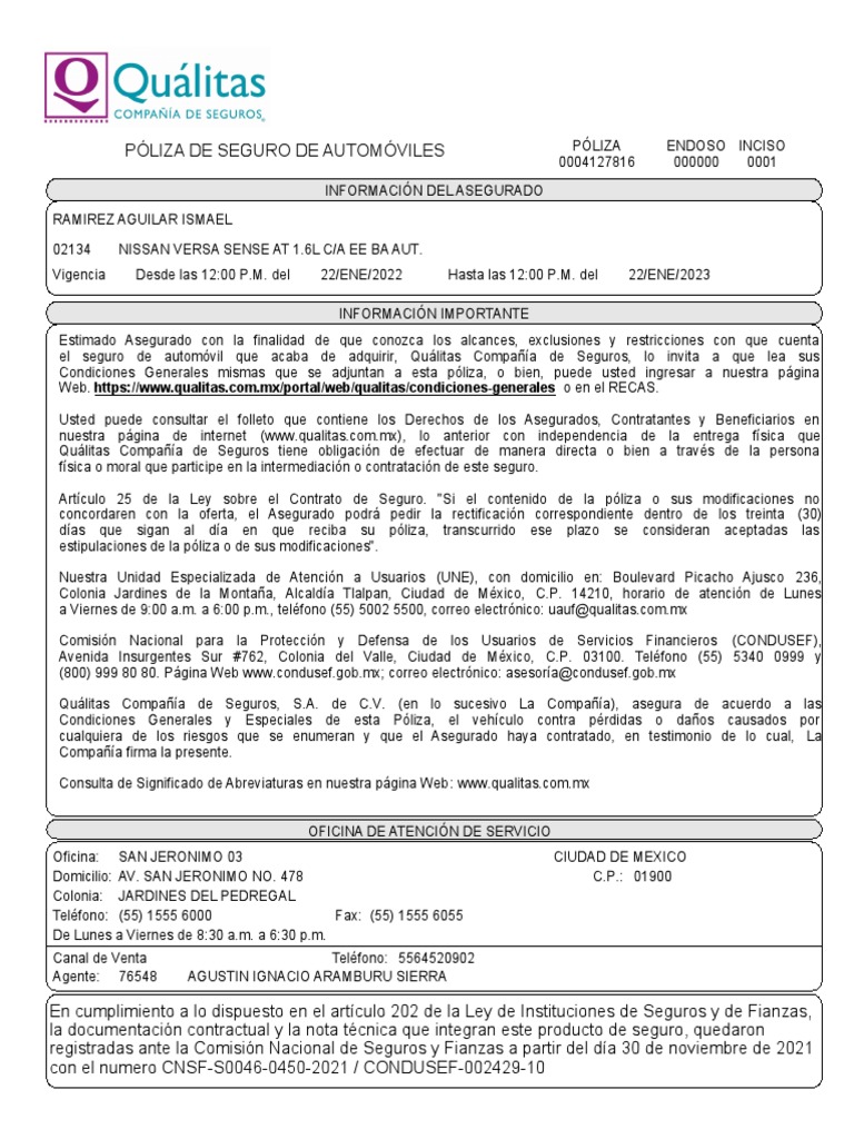 Póliza de Seguro Quálitas Automóviles | PDF | Póliza de seguros | Seguro