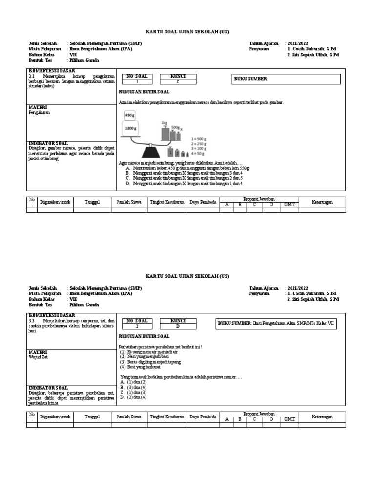 Kartu Soal Ujian Sekolah Ipa 2022 | PDF