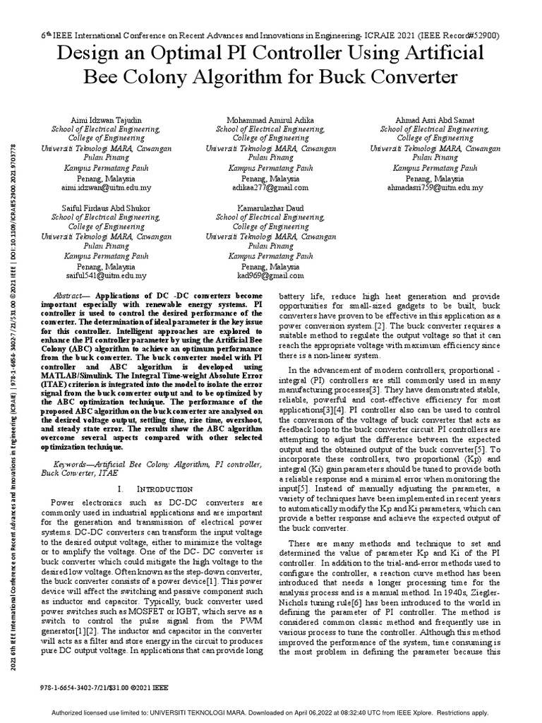 Design An Optimal PI Controller Using Artificial Bee Colony Algorithm For Buck Converter | PDF ...