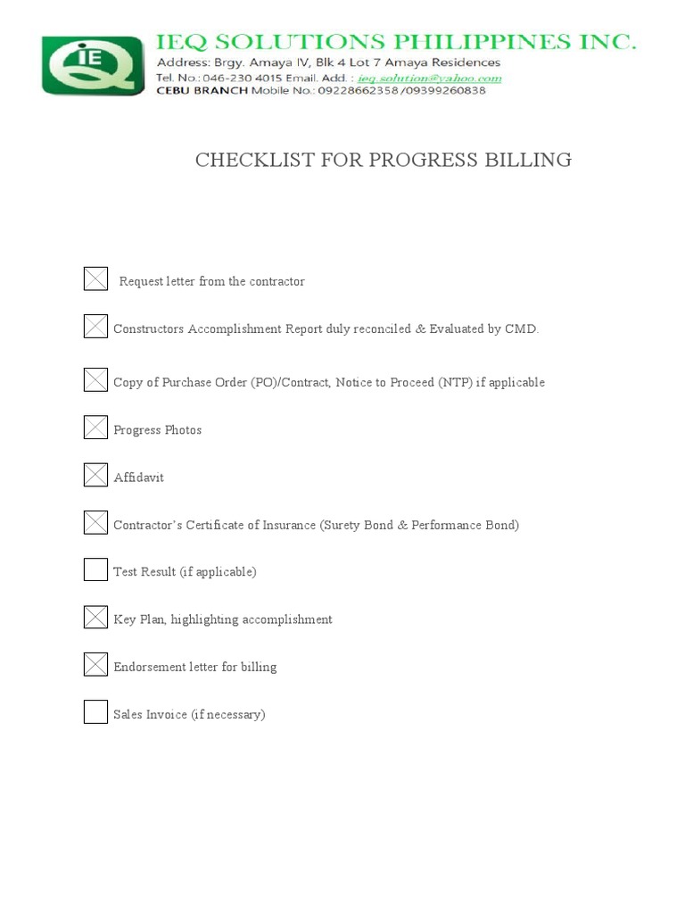 Checklist For Progress Billing | PDF