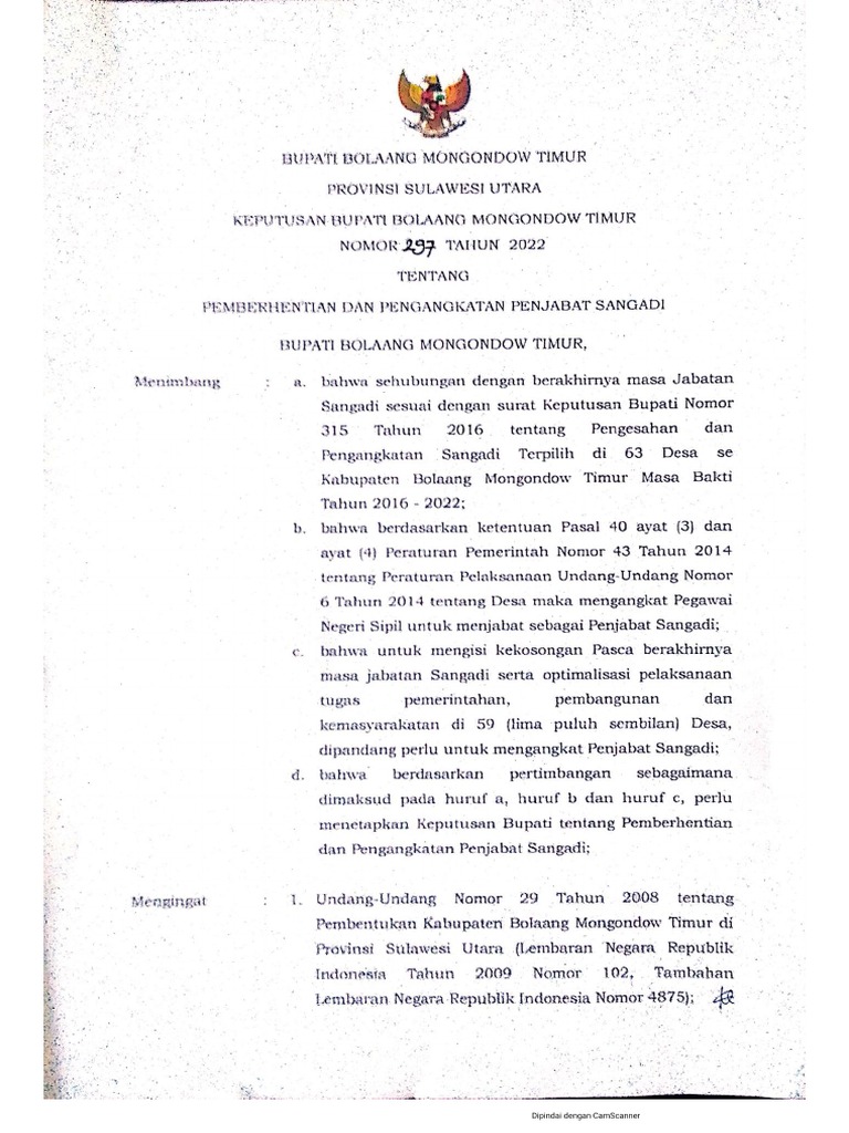 SK Pemberhentian Dan Pengangkatan Pejabat Sangadi | PDF