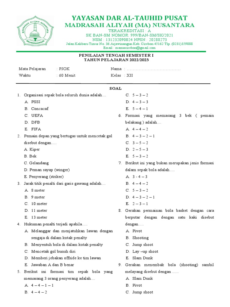 SOAL PTS GANJIL - PJOK KELAS XII (Sudah Edit) | PDF