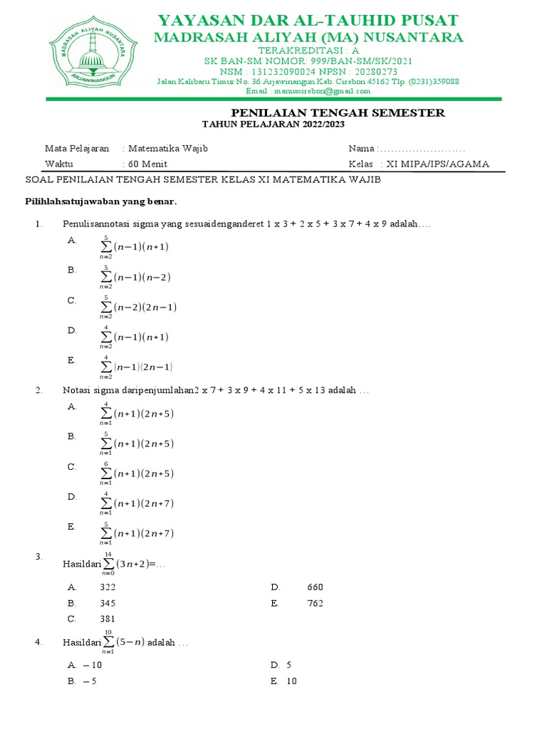 Soal PTS Kelas Xi Matematika Wajib | PDF