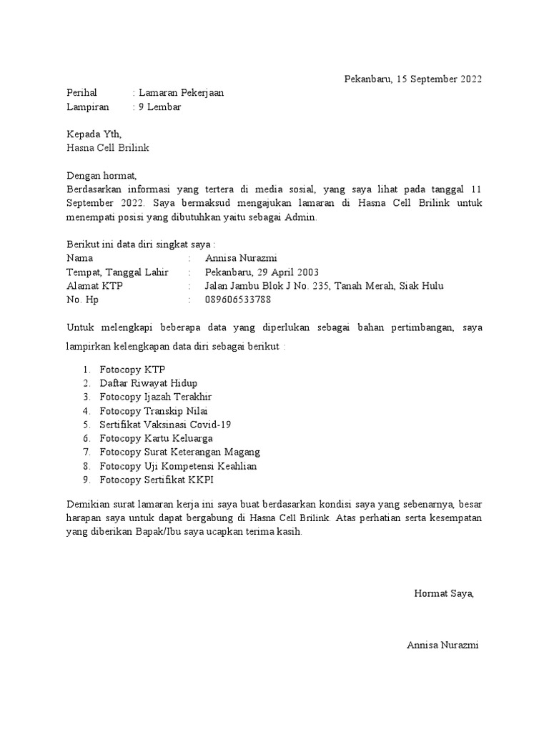 Surat Lamaran Kerja Hasna Cell Brilink | PDF | Ilmu Sosial | Hukum