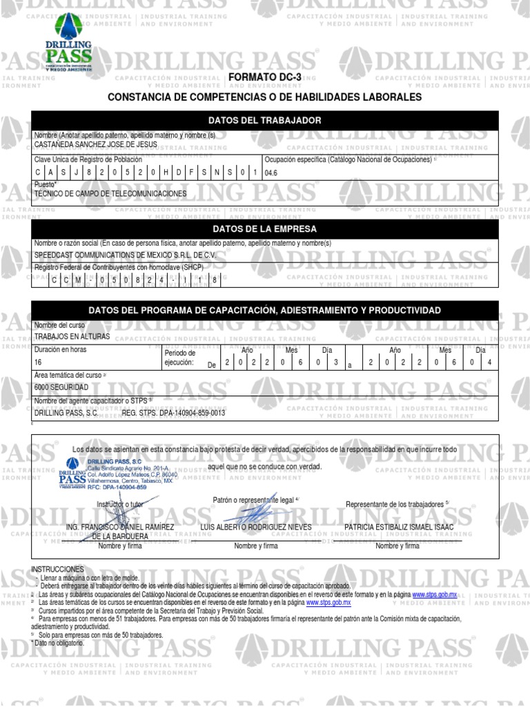 DC3 - Trabajo en Alturas - Jose de Jesus Castaneda Sanchez | PDF