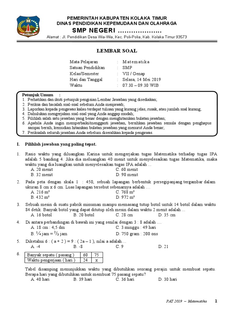 Soal Pat Matematika Kelas 7 Sem 2 | PDF