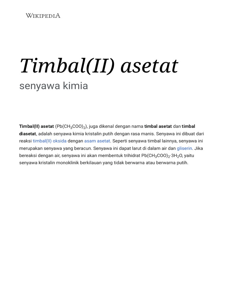 Timbal (II) Asetat - Wikipedia Bahasa Indonesia, Ensiklopedia Bebas | PDF