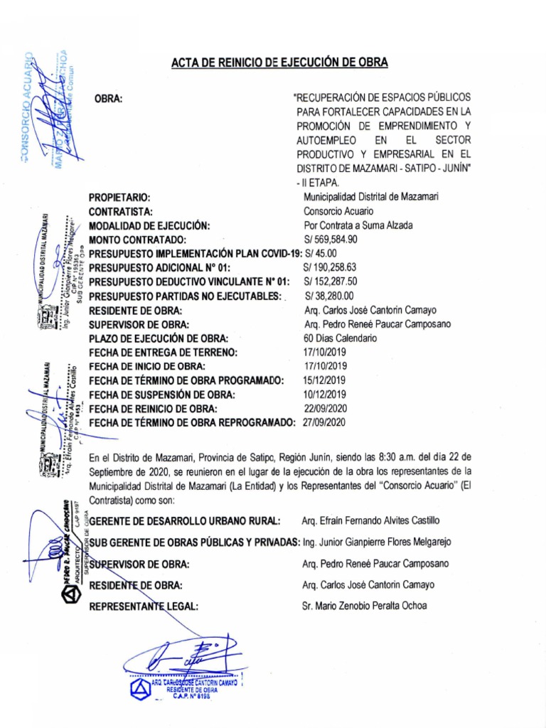 Acta de Reinicio de Obra | PDF