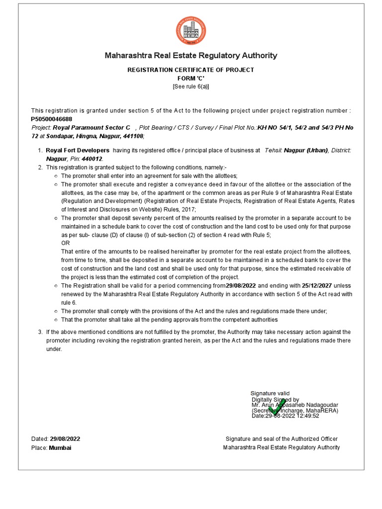 Maharashtra Real Estate Regulatory Authority: Registration Certificate ...
