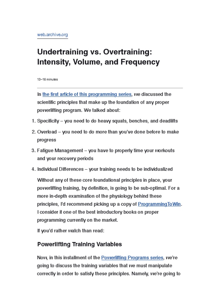 Undertraining vs. Overtraining Intensity, Volume, Frequency ...