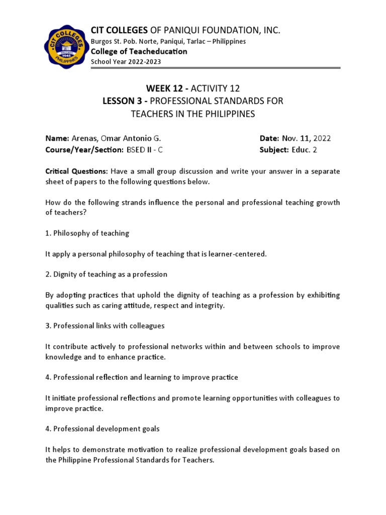 Omar Antonio Arenas - EDUC 2 (Activity 12) | PDF | Teachers | Teaching Method