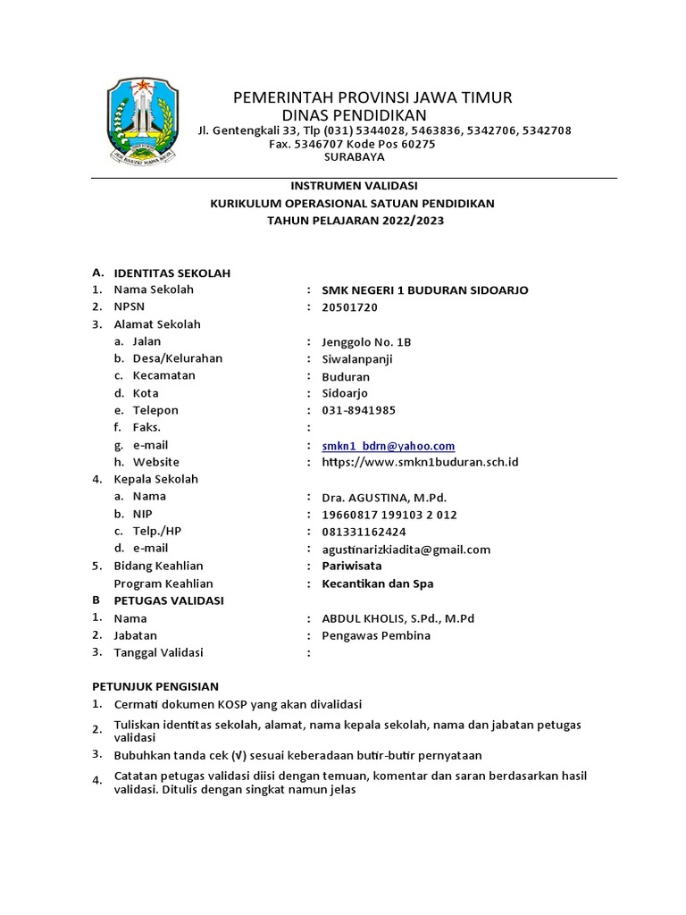 Instrumen Validasi Kos 2022-2023 - Kecantikan Dan Spa | PDF