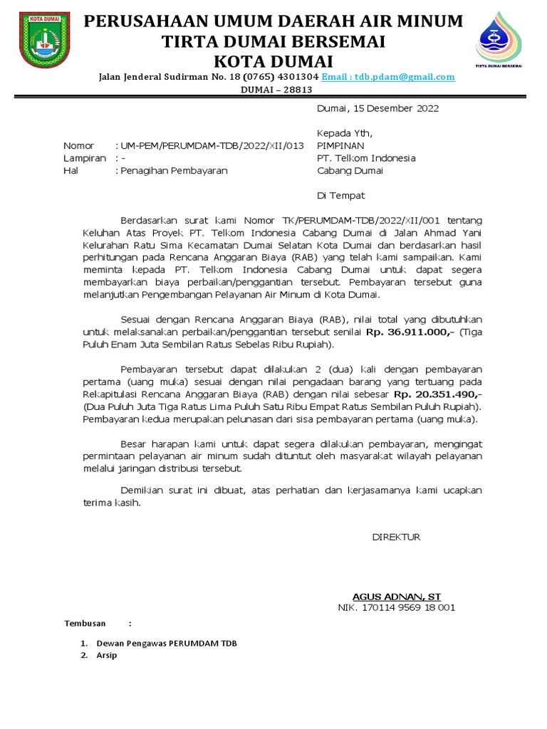 Penagihan Pembayaran Proyek PDAM Dumai | PDF