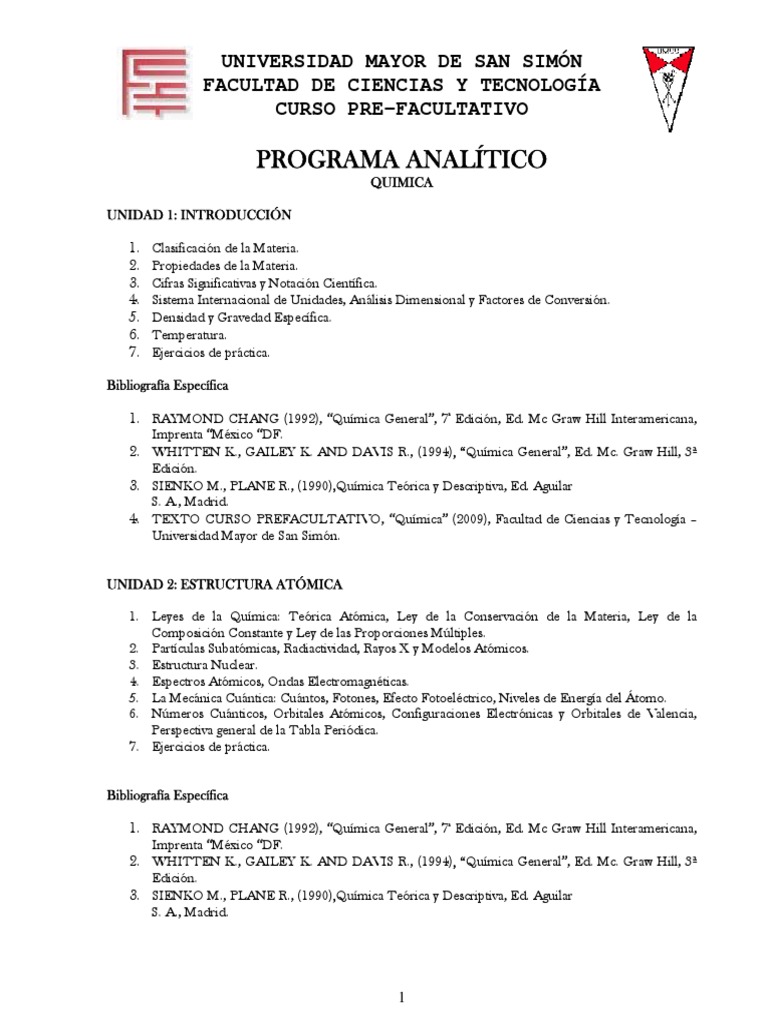 Programa Analítico de Química UMSS | PDF | Química | Moléculas