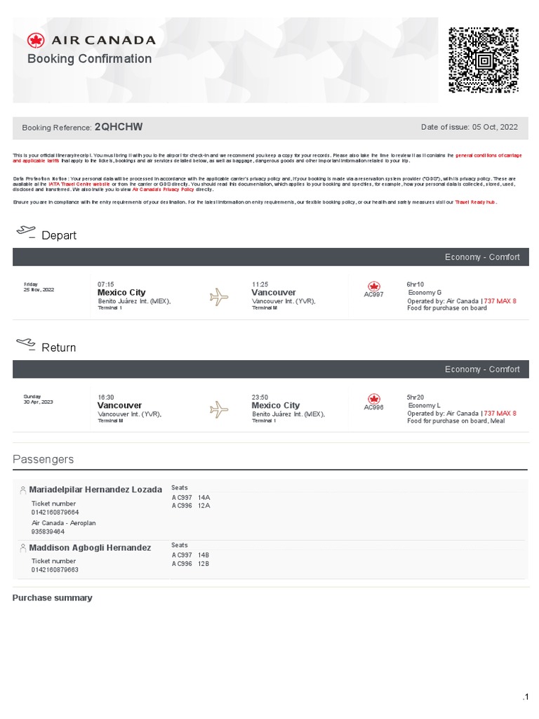 Air Canada Booking Confirmation Details | PDF | Fare | Dangerous Goods