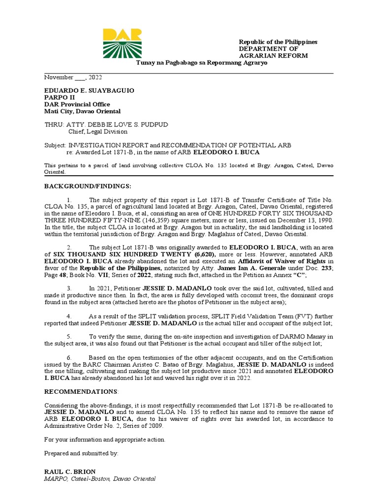 DAR Report Recommends Re-Allocating Awarded Lot | PDF | Common Law ...