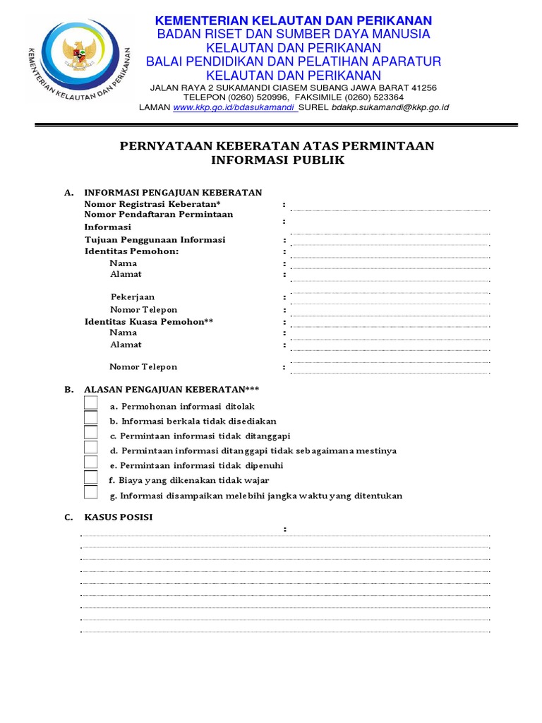Form Pernyataan Keberatan Atas Permintaan Informasi Publik BDA KP Sukamandi | PDF