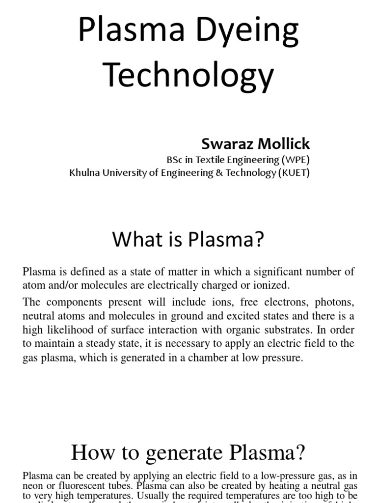 Plasma Dyeing Technology for Hydrophobic Fabrics | PDF | Plasma (Physics) | Gases