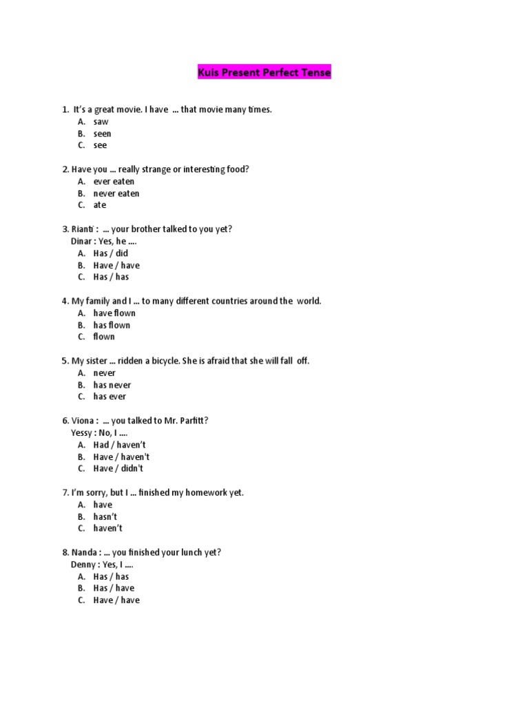 Present Perfect Tense Quiz | PDF