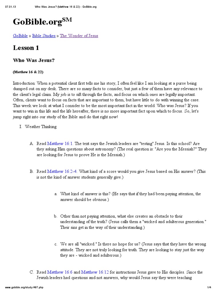 Lesson 1 - Who Was Jesus | PDF | Jesus | Gospel Of Matthew