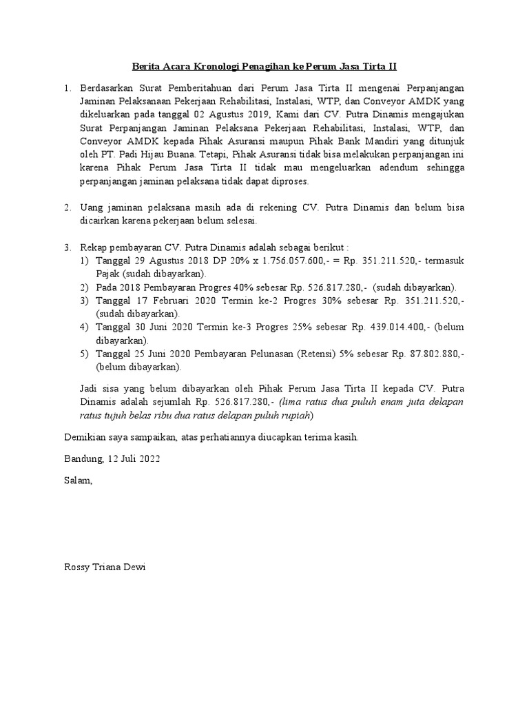 Berita Acara Kronologi Penagihan Ke Perum Jasa Tirta II | PDF