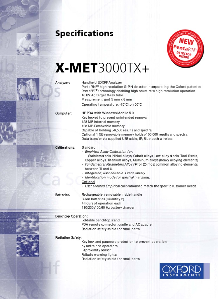 X-MET3000TX+ Specifications Dec2006 | PDF | Rechargeable Battery | Alloy